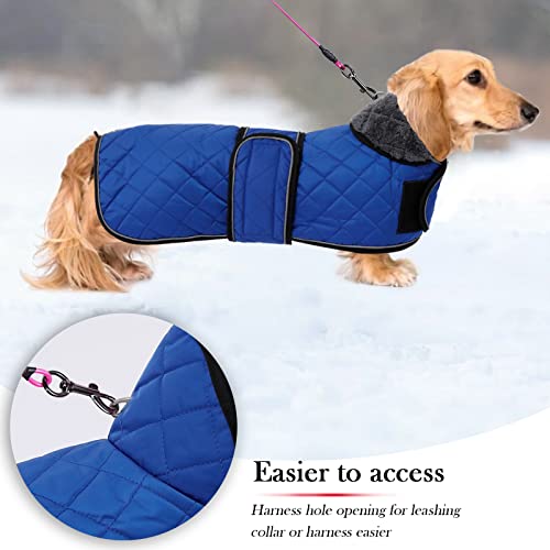 Warm Thermal Quilted Dachshund Coat, Dog Winter Coat with Warm Fleece Lining, Outdoor Dog Apparel with Adjustable Bands for Medium, Large Dog-Blue-XS