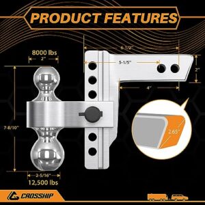 CROSSHIP Adjustable Trailer Hitch Ball Mount-Fit 2" Receiver, 6 Inch Drop/Rise Aluminum Drop Hitch with 2'' & 2-5/16'' Solid Dual Balls 12,500 LBS GTW-Tow Hitch for Heavy Duty Truck with Double Locks