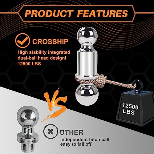 CROSSHIP Adjustable Trailer Hitch Ball Mount-Fit 2" Receiver, 6 Inch Drop/Rise Aluminum Drop Hitch with 2'' & 2-5/16'' Solid Dual Balls 12,500 LBS GTW-Tow Hitch for Heavy Duty Truck with Double Locks