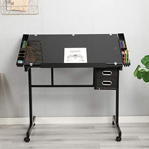 SogesGame Rolling Glass Desk Height Adjustable Drafting Table Painting Table Drawing Table Art Craft Desk Artist Desk Tilting Tabletop Sketching Desk with Drawers Black