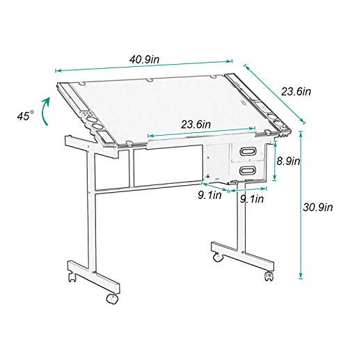 SogesGame Rolling Glass Desk Height Adjustable Drafting Table Painting Table Drawing Table Art Craft Desk Artist Desk Tilting Tabletop Sketching Desk with Drawers Black