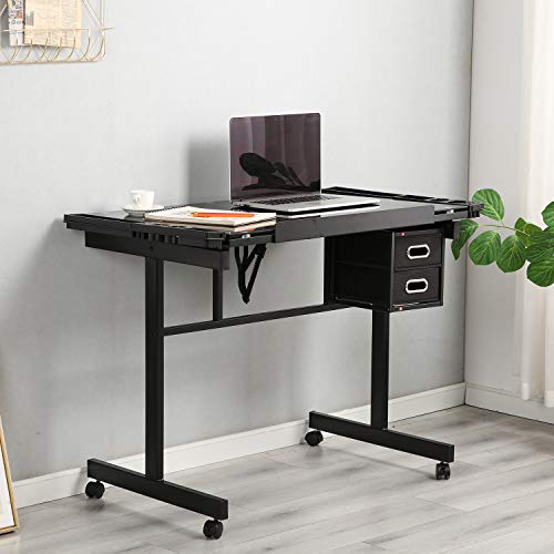 SogesGame Rolling Glass Desk Height Adjustable Drafting Table Painting Table Drawing Table Art Craft Desk Artist Desk Tilting Tabletop Sketching Desk with Drawers Black