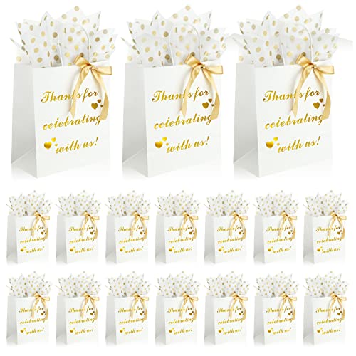 50 Pcs Wedding Gift Bags Bridal Welcome Bags with Ribbons Tissue Paper Wedding Favor Gold Foil Bags Thank You Gift Bags with Handles for Guest Birthday Party Baby Shower, 8 x 4.5 x 10 Inch (White)