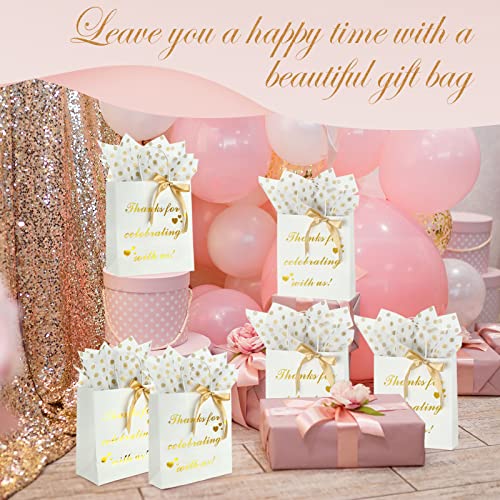 50 Pcs Wedding Gift Bags Bridal Welcome Bags with Ribbons Tissue Paper Wedding Favor Gold Foil Bags Thank You Gift Bags with Handles for Guest Birthday Party Baby Shower, 8 x 4.5 x 10 Inch (White)