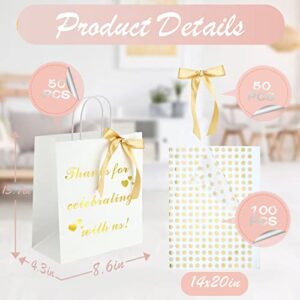 50 Pcs Wedding Gift Bags Bridal Welcome Bags with Ribbons Tissue Paper Wedding Favor Gold Foil Bags Thank You Gift Bags with Handles for Guest Birthday Party Baby Shower, 8 x 4.5 x 10 Inch (White)