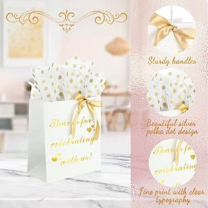 50 Pcs Wedding Gift Bags Bridal Welcome Bags with Ribbons Tissue Paper Wedding Favor Gold Foil Bags Thank You Gift Bags with Handles for Guest Birthday Party Baby Shower, 8 x 4.5 x 10 Inch (White)