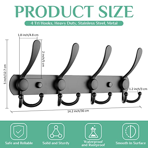 Kenning 4 Pack Coat Rack Wall Mounted with 4 Tri Metal Coat Hooks for Hanging Clothes Hat Keys Towel, Heavy Duty Stainless Steel Coat Hanger Wall Hooks Rack for Bathroom, Bedroom, Entryway