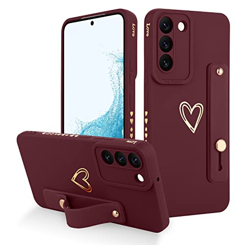 Fiyart Galaxy S22 5G Case - Cute Love Hearts, Slim Protective Cover, Camera Protection, Stand Holder & Wrist Strap, 6.1" - Wine Red