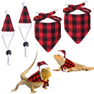 jotfa 4 pieces christmas bearded dragon costumes, lizard christmas hats bandanas small pet christmas costume for bearded dragon lizard chicks parrot hamster guinea pig small pet (red, plaid)