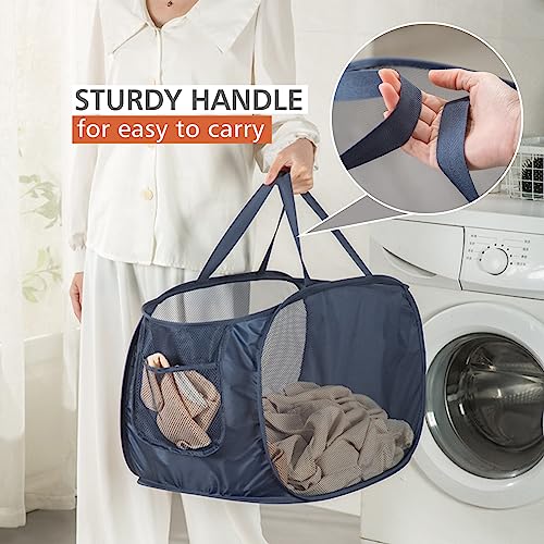 HONOMA Sturdy Mesh Laundry Hamper Basket Bag,Pop up Basket with Side Pocket for Laundry Room, Bathroom, Kids Room, College Dorm or Travel (Pop Horizontal, Emerald)