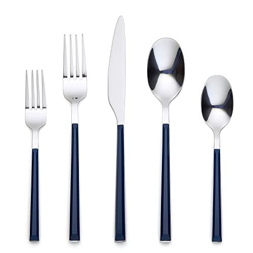 20 Piece Blue Plastic Handle Flatware Set For 4, Ornative Iris Silverware, Includes Knives, Forks, Spoons, Stainless Steel Cutlery Silverware Set, Dishwasher Safe Utensil for Home Kitchen Restaurant