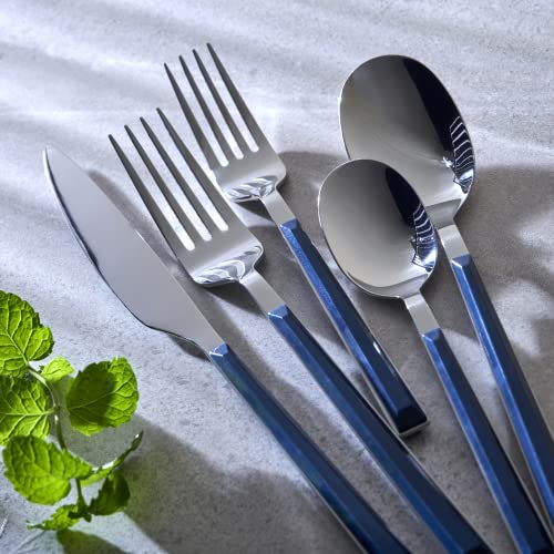 20 Piece Blue Plastic Handle Flatware Set For 4, Ornative Iris Silverware, Includes Knives, Forks, Spoons, Stainless Steel Cutlery Silverware Set, Dishwasher Safe Utensil for Home Kitchen Restaurant