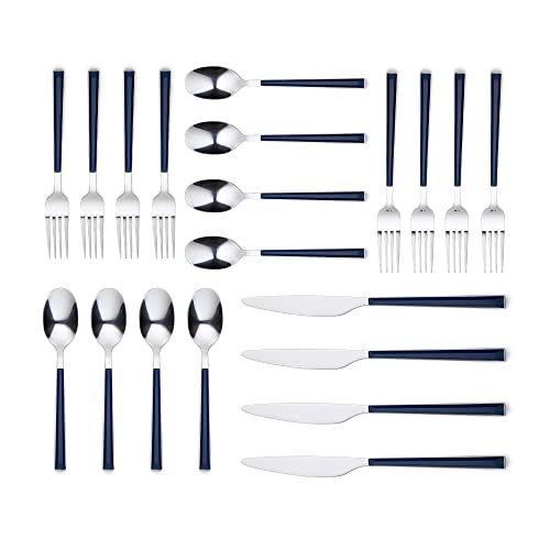 20 Piece Blue Plastic Handle Flatware Set For 4, Ornative Iris Silverware, Includes Knives, Forks, Spoons, Stainless Steel Cutlery Silverware Set, Dishwasher Safe Utensil for Home Kitchen Restaurant