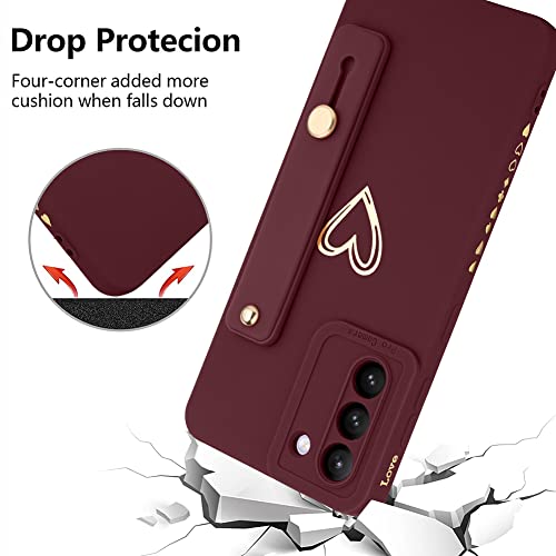 Fiyart Galaxy S21 5G Case - Wine Red, Love Hearts Pattern, Slim Protective Cover with Stand & Wrist Strap