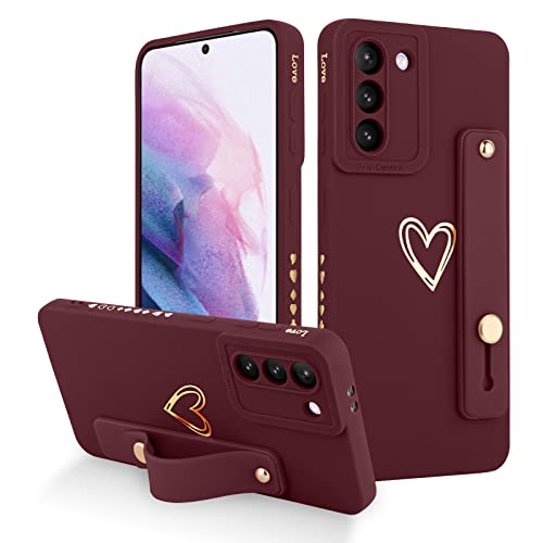 Fiyart Galaxy S21 5G Case - Wine Red, Love Hearts Pattern, Slim Protective Cover with Stand & Wrist Strap