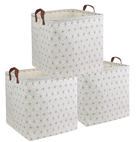 HIYAGON 3 Pack Square Storage Bins,Storage baskets,Canvas Fabric Storage Boxes,Foldable Nursery Basket for Clothes,Books,Shelves Baskets,Gift Baskets,Cow Print Room Decor (3 Pack Grey Line)