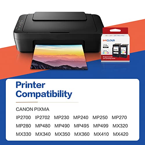 INKCLOUD 210XL 211XL Remanufactured Ink Cartridge Compatible with Canon PG-210XL CL-211XL for PIXMA IP2702 MP230 MP240 MP250 MP280 MP480 MP490 MP495 MX320 MX330 MX340 Printer (1 Black, 1 tri-Color)