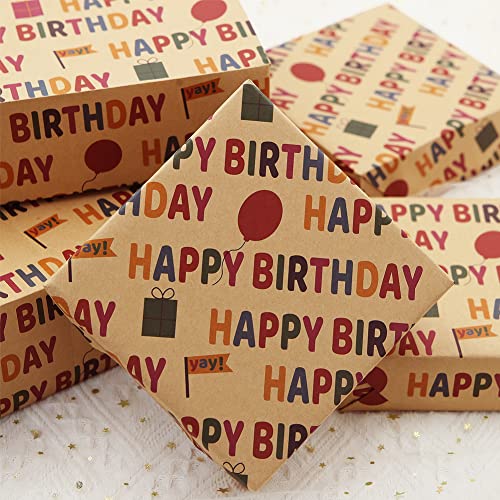 Geluode Birthday Wrapping Paper,4 Sheets Happy Birthday Gift Wrap, Brown Kraft Gift Wrapping Paper 20x28 Inches For Boys Girls Kids Birthday Baby Shower Wedding