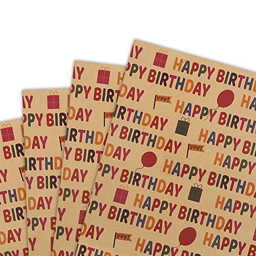 Geluode Birthday Wrapping Paper,4 Sheets Happy Birthday Gift Wrap, Brown Kraft Gift Wrapping Paper 20x28 Inches For Boys Girls Kids Birthday Baby Shower Wedding