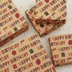 Geluode Birthday Wrapping Paper,4 Sheets Happy Birthday Gift Wrap, Brown Kraft Gift Wrapping Paper 20x28 Inches For Boys Girls Kids Birthday Baby Shower Wedding