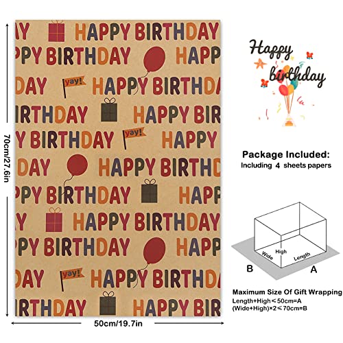 Geluode Birthday Wrapping Paper,4 Sheets Happy Birthday Gift Wrap, Brown Kraft Gift Wrapping Paper 20x28 Inches For Boys Girls Kids Birthday Baby Shower Wedding