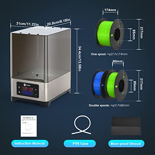 FIXDRY 3D Printer Filament Dryer with Fan, 110W PTC Dehydrator Dryer Box Heated, Closed-Loop Constant Heating, Temperature Humidity Control, 2 Spool Compatible with 1.75mm, 2.85mm, 3.00 mm