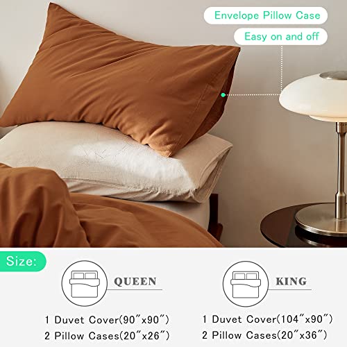 FANSTIVE Duvet Cover Queen, 100% Washed Cotton Linen Like Super Soft and Breathable, 3 Pieces Burnt Orange Bedding Duvet Covers, Farmhouse Comforter Cover Set with Zipper Closure(No Comforter)