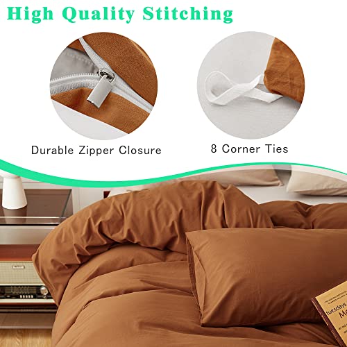 FANSTIVE Duvet Cover Queen, 100% Washed Cotton Linen Like Super Soft and Breathable, 3 Pieces Burnt Orange Bedding Duvet Covers, Farmhouse Comforter Cover Set with Zipper Closure(No Comforter)