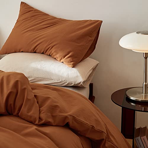 FANSTIVE Duvet Cover Queen, 100% Washed Cotton Linen Like Super Soft and Breathable, 3 Pieces Burnt Orange Bedding Duvet Covers, Farmhouse Comforter Cover Set with Zipper Closure(No Comforter)