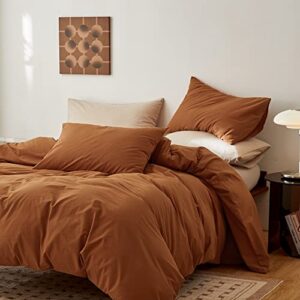 FANSTIVE Duvet Cover Queen, 100% Washed Cotton Linen Like Super Soft and Breathable, 3 Pieces Burnt Orange Bedding Duvet Covers, Farmhouse Comforter Cover Set with Zipper Closure(No Comforter)