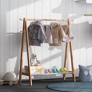 FekCits Kids Clothing Rack Dress Up Storage with Storage Shelf, Natural Beech Child Garment Rack with 2 Hooks 37.5" L x 14.5" W x 39.5" H, Clothes Hanging Rack for Kids, Pets