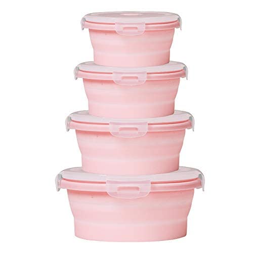 payanwin Collapsible Bowl, Silicone Food Storage Container, Camping with Lid, Round Silicone Lunch Container, Microwave, Dishwasher and Freezer Safe (Pink, 4 pcs)