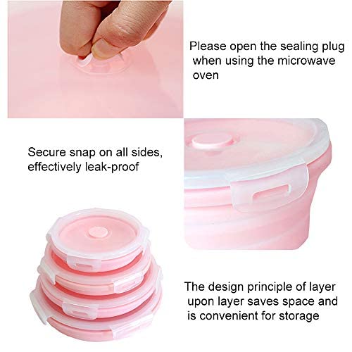 payanwin Collapsible Bowl, Silicone Food Storage Container, Camping with Lid, Round Silicone Lunch Container, Microwave, Dishwasher and Freezer Safe (Pink, 4 pcs)