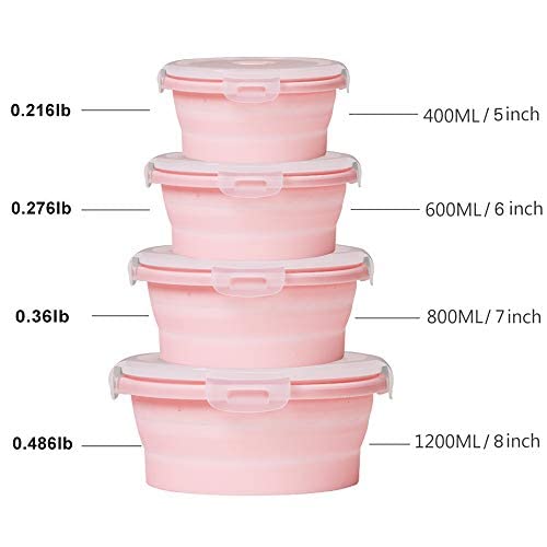 payanwin Collapsible Bowl, Silicone Food Storage Container, Camping with Lid, Round Silicone Lunch Container, Microwave, Dishwasher and Freezer Safe (Pink, 4 pcs)