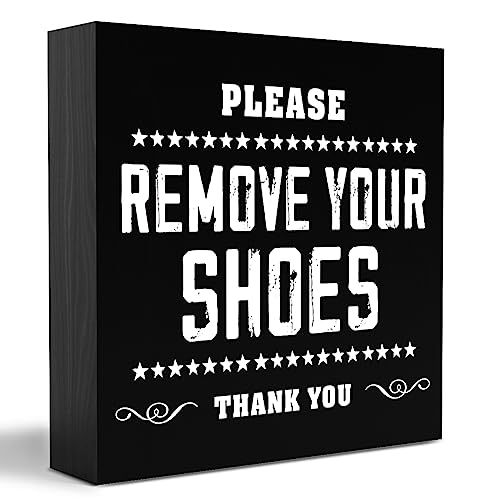 Modern No Shoes Wooden Box Sign Table Decor Plaque Please Remove Your Shoes Thank You Wood Box Sign Art Home Shelf Desk Decoration 5 x 5 Inches