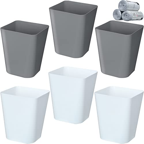 Eccliy 6 Pack Plastic Trash Can with 3 Rolls of Trash Bags Small Wastebasket Trash Can Garbage Container Bin, Trash Bin for Bathroom, Bedroom, Home Office, Living Room, Kitchen (Gray, White, Medium)