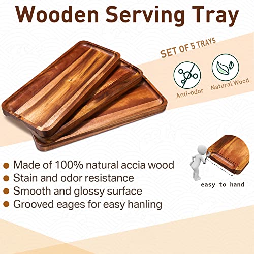 5 Pack Solid Acacia Wood Serving Trays, 14 x 5.5 Inches Rectangular Wooden Serving Board for Food Appetizer Serving Tray Plates for Vegetables Fruit Charcuterie Cheese Platters Home Kitchen Decor