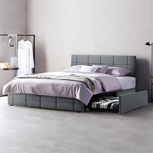 CAPHAUS Upholstered Storage Bed Frame with 4 Drawers and Adjustable Headboard, Square Stitched Button Tufted, Platform Beds Frame with Wood Slat Support, No Box Spring Needed, Full Size, Light Grey