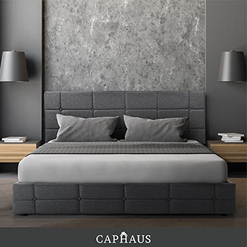 CAPHAUS Upholstered Storage Bed Frame with 4 Drawers and Adjustable Headboard, Square Stitched Button Tufted, Platform Beds Frame with Wood Slat Support, No Box Spring Needed, Full Size, Light Grey