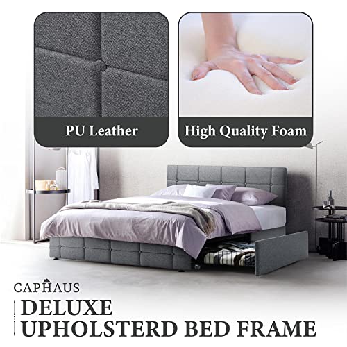 CAPHAUS Upholstered Storage Bed Frame with 4 Drawers and Adjustable Headboard, Square Stitched Button Tufted, Platform Beds Frame with Wood Slat Support, No Box Spring Needed, Full Size, Light Grey