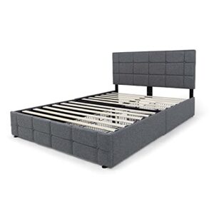 CAPHAUS Upholstered Storage Bed Frame with 4 Drawers and Adjustable Headboard, Square Stitched Button Tufted, Platform Beds Frame with Wood Slat Support, No Box Spring Needed, Full Size, Light Grey