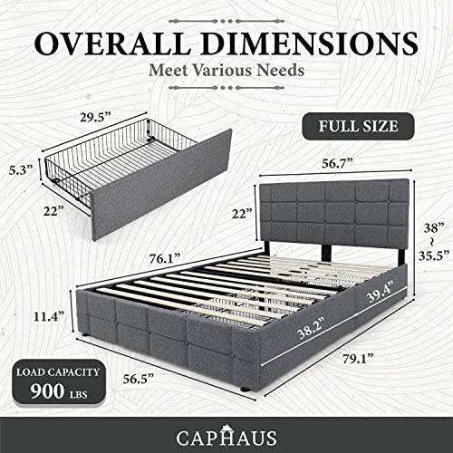 CAPHAUS Upholstered Storage Bed Frame with 4 Drawers and Adjustable Headboard, Square Stitched Button Tufted, Platform Beds Frame with Wood Slat Support, No Box Spring Needed, Full Size, Light Grey