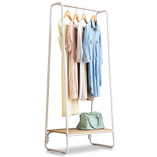 IRIS USA Garment Rack with Wooden Shelf, Clothes Racks for Closet Organization, Plant Stand, Frost White