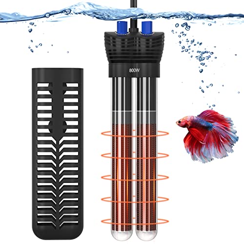 fishkeeper 600W/800W Aquarium Heater, Double Tube Double Heating Speed Adjustable Fish Tank Heater Submersible Pond Water Heater for Saltwater Freshwater Tank 60-220 Gallon