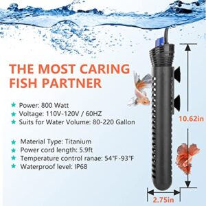 fishkeeper 600W/800W Aquarium Heater, Double Tube Double Heating Speed Adjustable Fish Tank Heater Submersible Pond Water Heater for Saltwater Freshwater Tank 60-220 Gallon