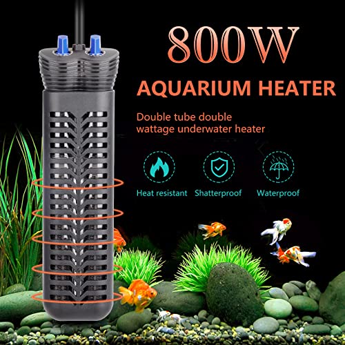 fishkeeper 600W/800W Aquarium Heater, Double Tube Double Heating Speed Adjustable Fish Tank Heater Submersible Pond Water Heater for Saltwater Freshwater Tank 60-220 Gallon