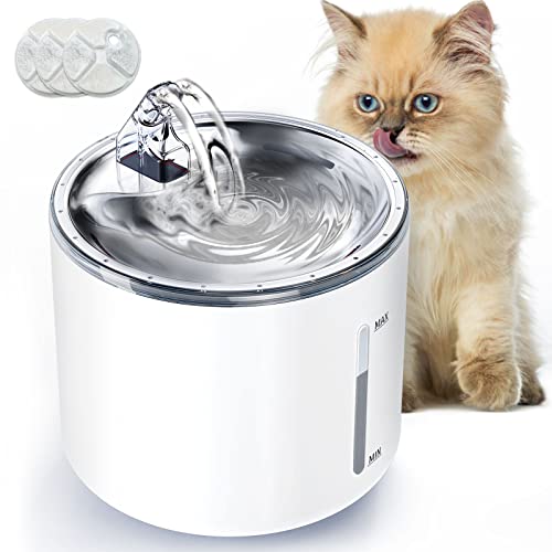 Cat Water Fountain Stainless Steel - SINDOX Dog Water Bowl Fountain, 2.6L/88oz Automatic Cat Fountains Super Quiet Pet Drinking Water Dispenser for Cats, Dogs, Multiple Pets with 3 Filters - White