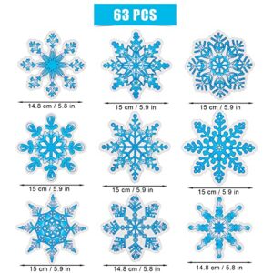 63pcs Winter Christmas Snowflake Cutouts Paper, 5.9x5.9 Inches Winter Paper Cutouts with Glue Points Snowflake Cutouts for Bulletin Board Classroom School Winter Christmas Party Decoration (Blue)