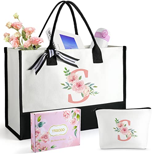 Floral Ini-tial Tote Bag for Women w Makeup Bag, Can-vas Beach Bag, Personalized Friend Birthday Gifts, Inner Pocket, Gift Box, Card, Couples Bridesmaid Bride Mom Grandma Sister Teacher Gifts S