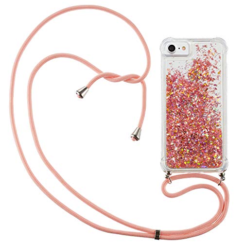 SUPWALL Crossbody Case Designed for iPhone 6/7/8/SE 2020/SE 2022 | Neck Cord Phone Cases with Adjustable Lanyard Strap | Clear Glitter Sparkle Anti-Scratch Shockproof Protective Cover | Rose Gold